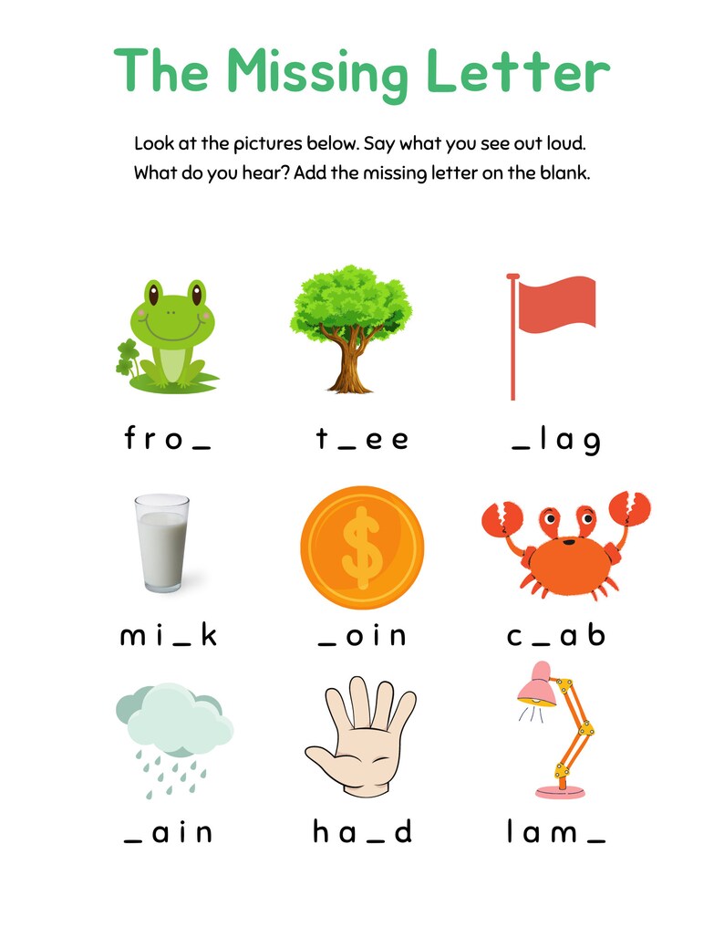 8 Page Printable Missing Letter Spelling and Phonics Worksheet - Etsy