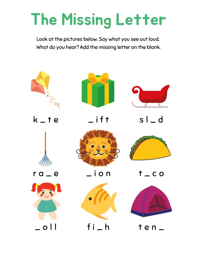 8 Page Printable Missing Letter Spelling and Phonics Worksheet - Etsy