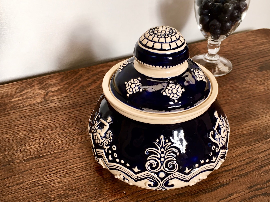 Indigo Blue Stoneware Bowl With Lid, Vintage Glazed Ceramic Pot With ...