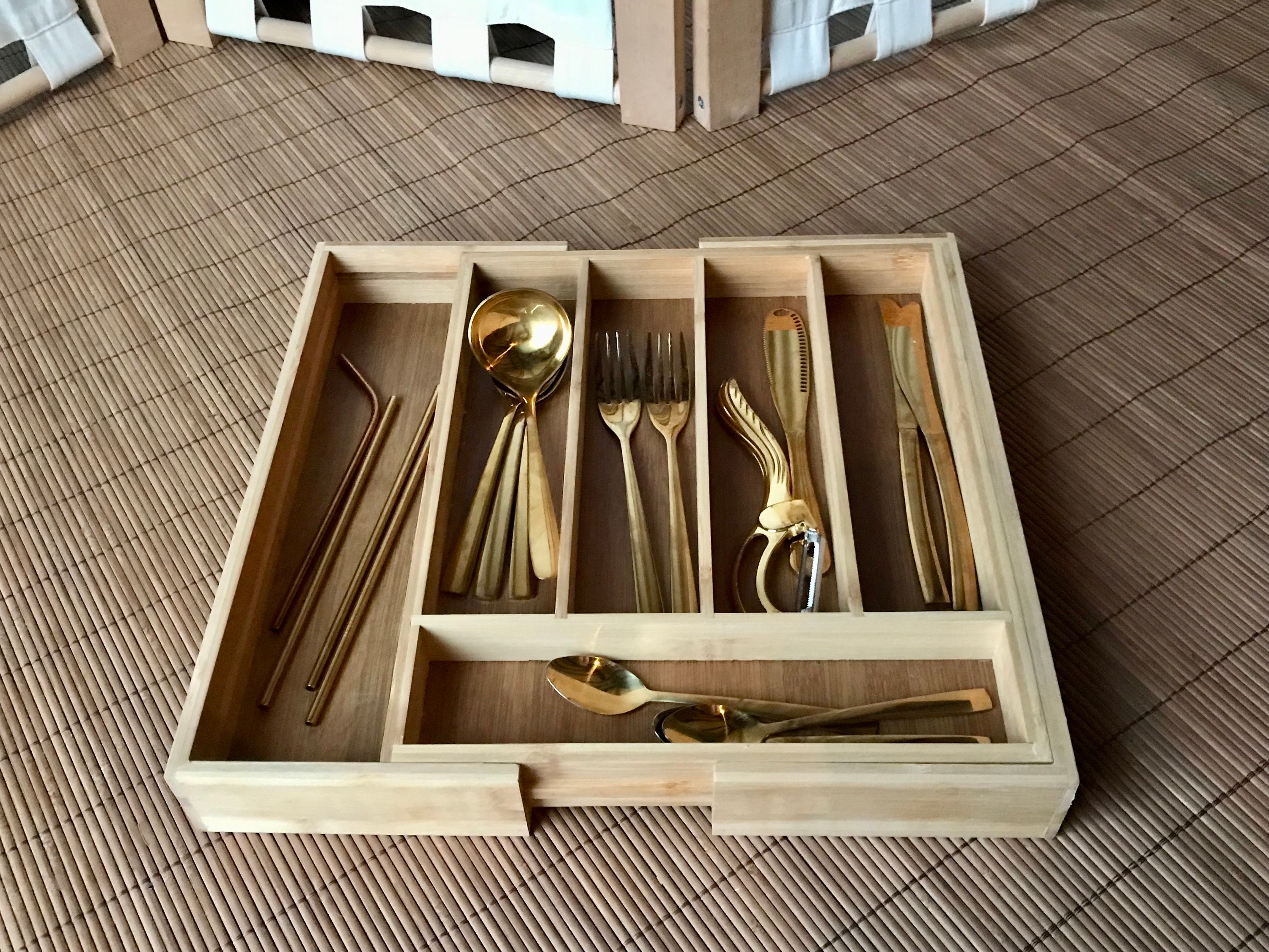 Bamboo Cutlery Drawer Tray, Cutlery Organizer Drawer Insert With 7 ...