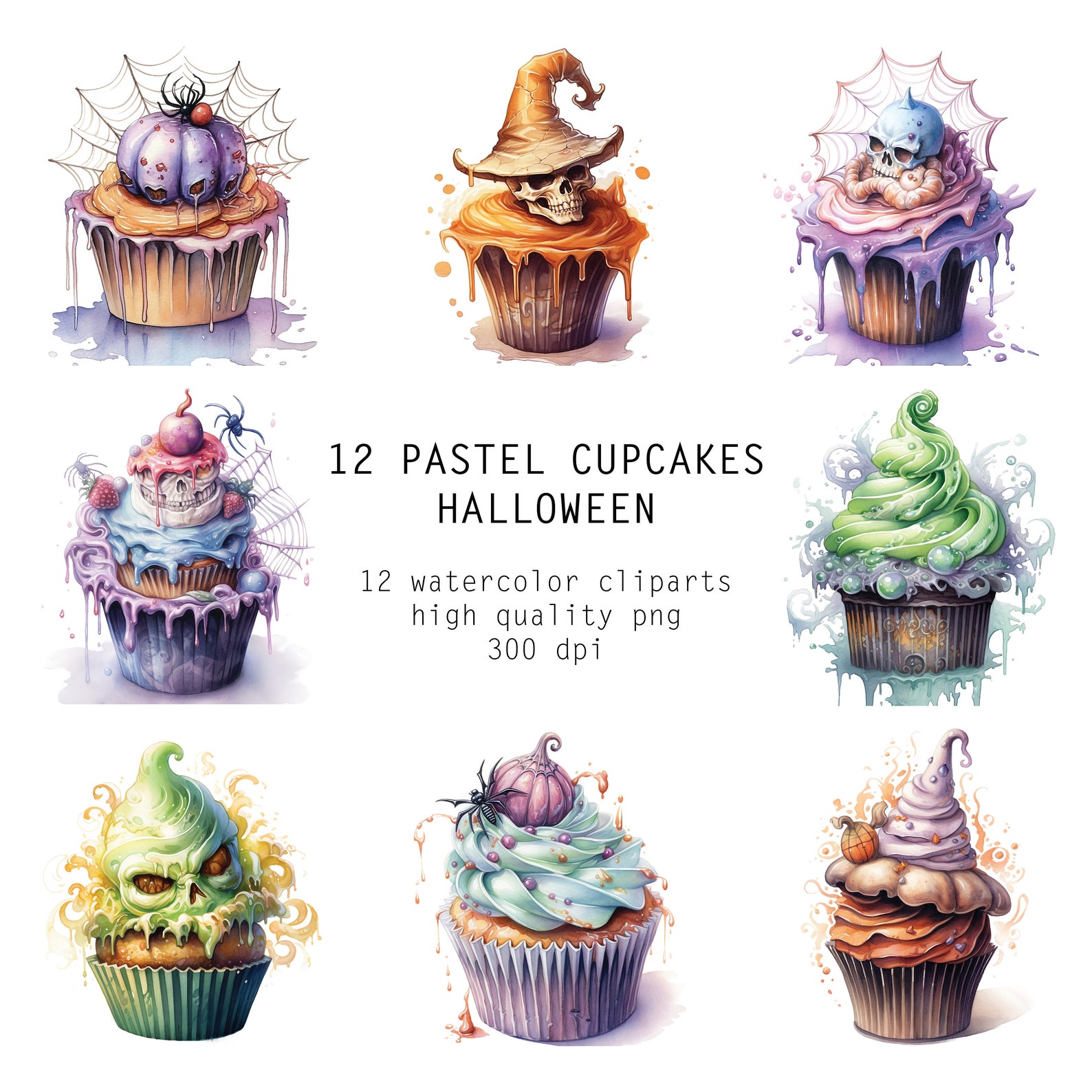 Pastel Halloween Clipart Bundle Watercolor Cupcakes - Etsy
