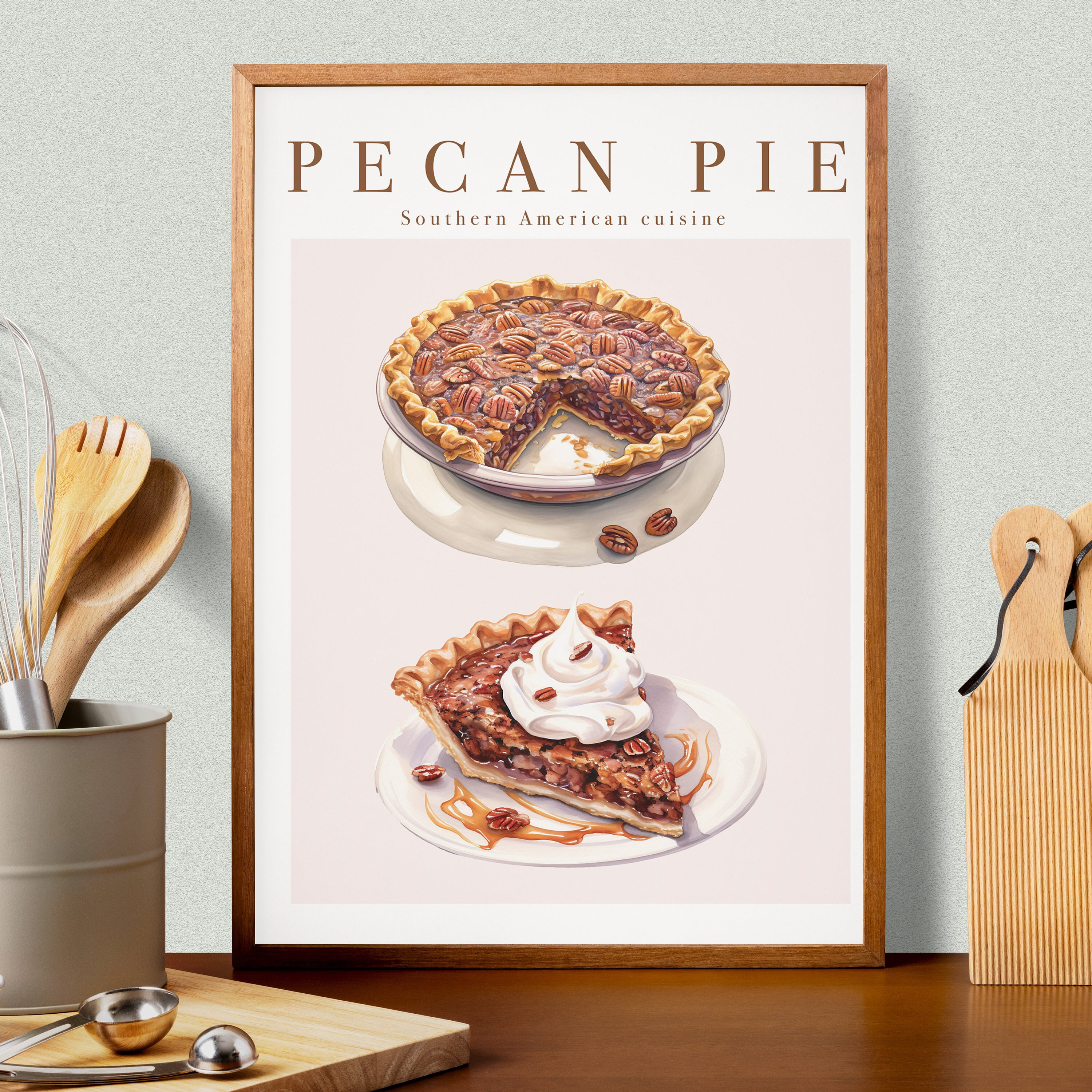 Pecan Pie Poster | Dessert Food Poster | Digital Food Art Print | Printable Kitchen Poster ...