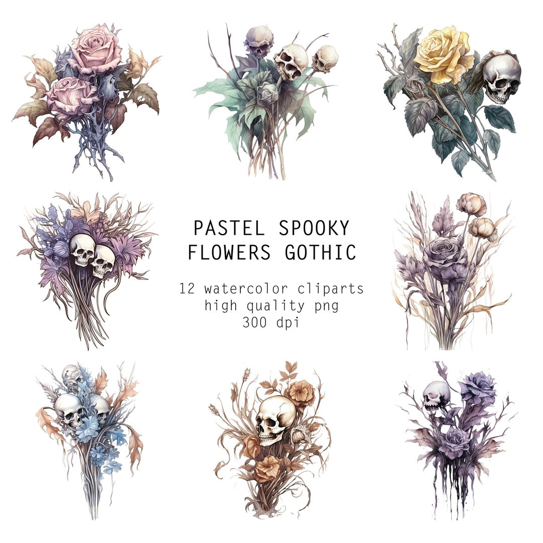 Pastel Halloween Clipart Bundle | Spooky Dead Flowers | Flowers Skull ...