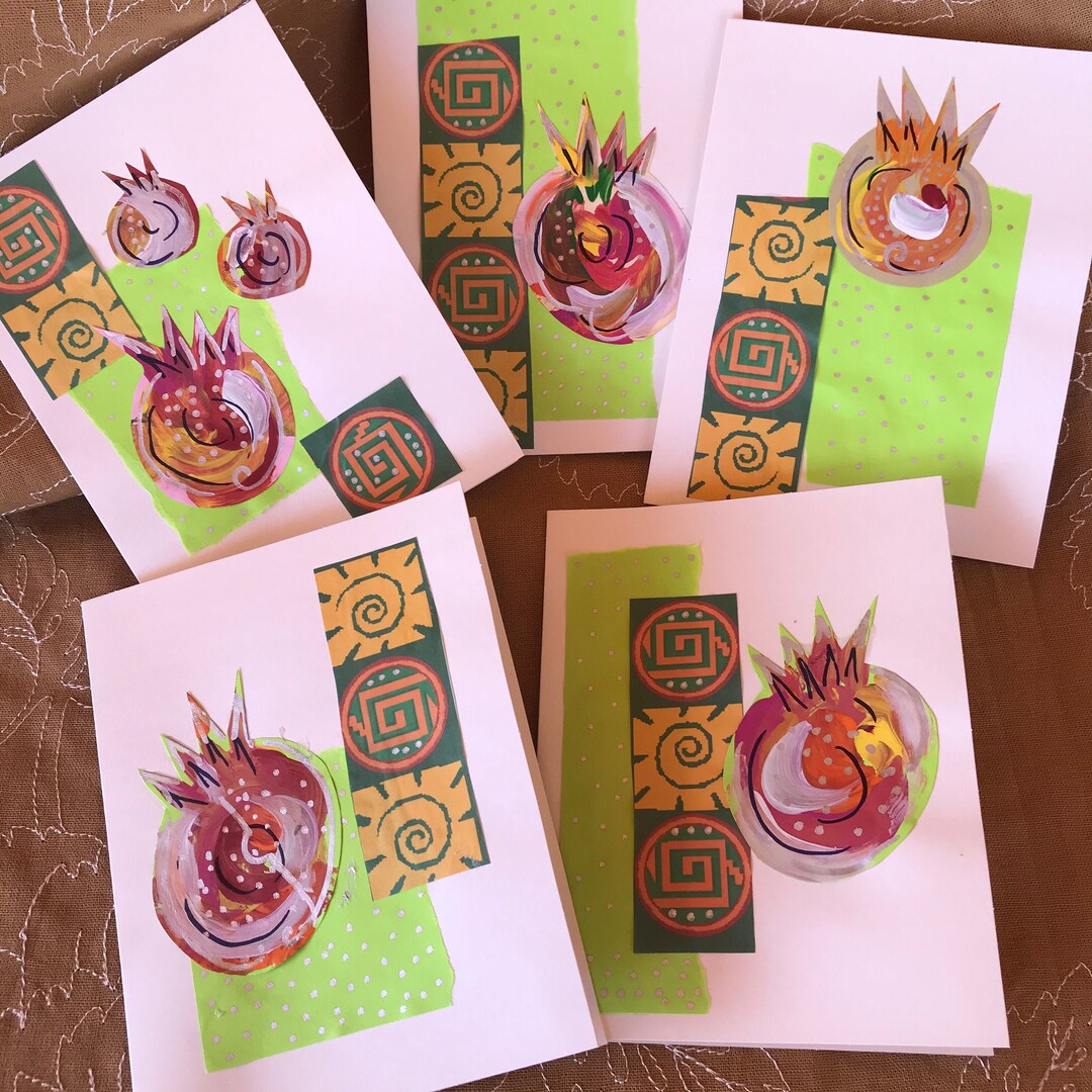 Greeting Cards,with Pomegranate Design. Handmade, Set of 5. Envelopes ...