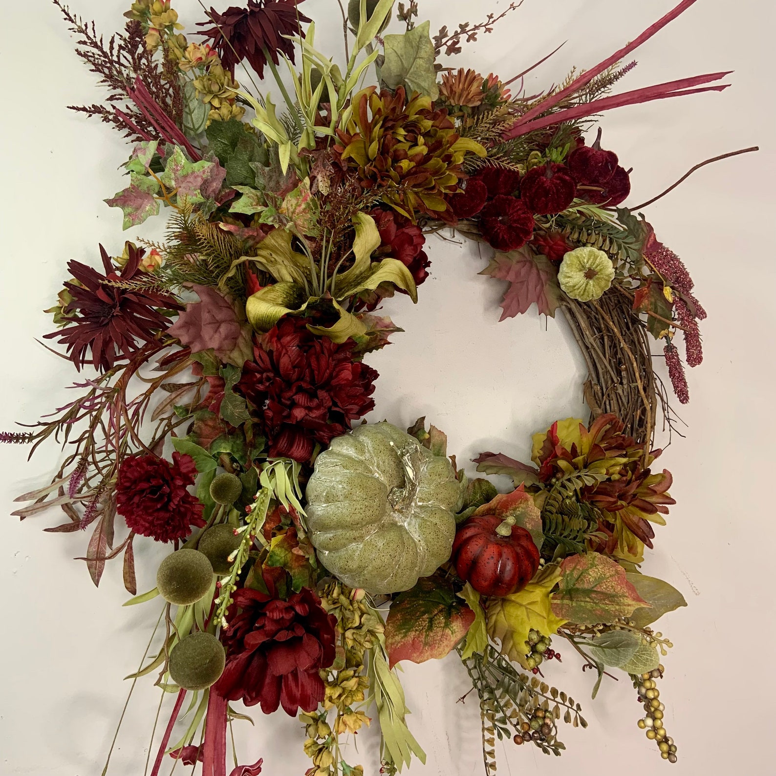 Elegant Fall Floral Burgundy Green Peony Pumpkin Door Wall - Etsy