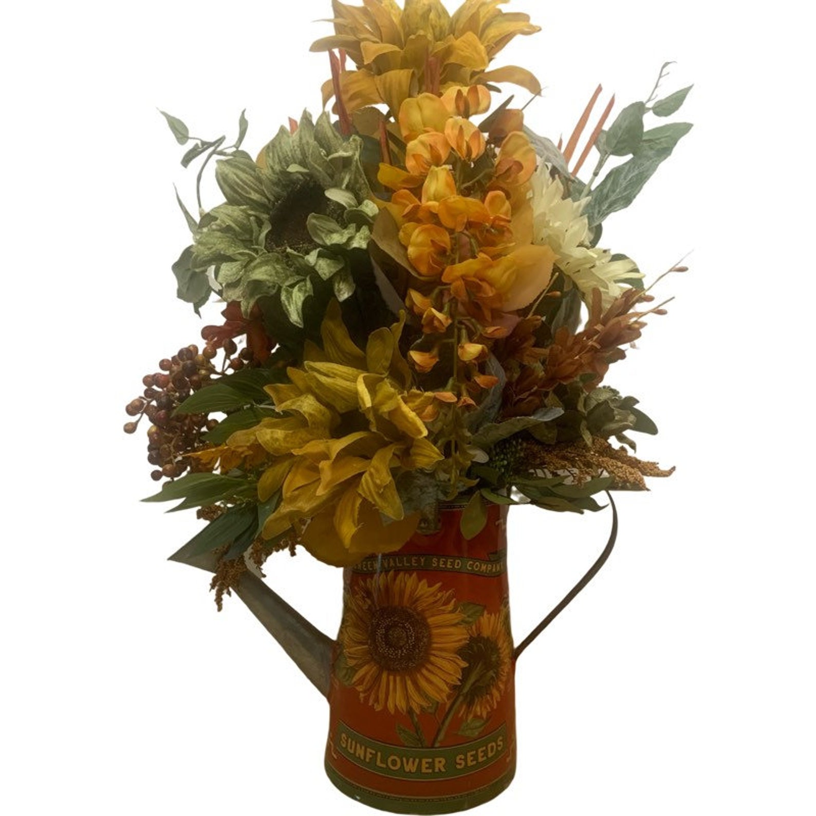 Sunflower Fall Year Round Watering Can Large Floral Arrangement Home ...