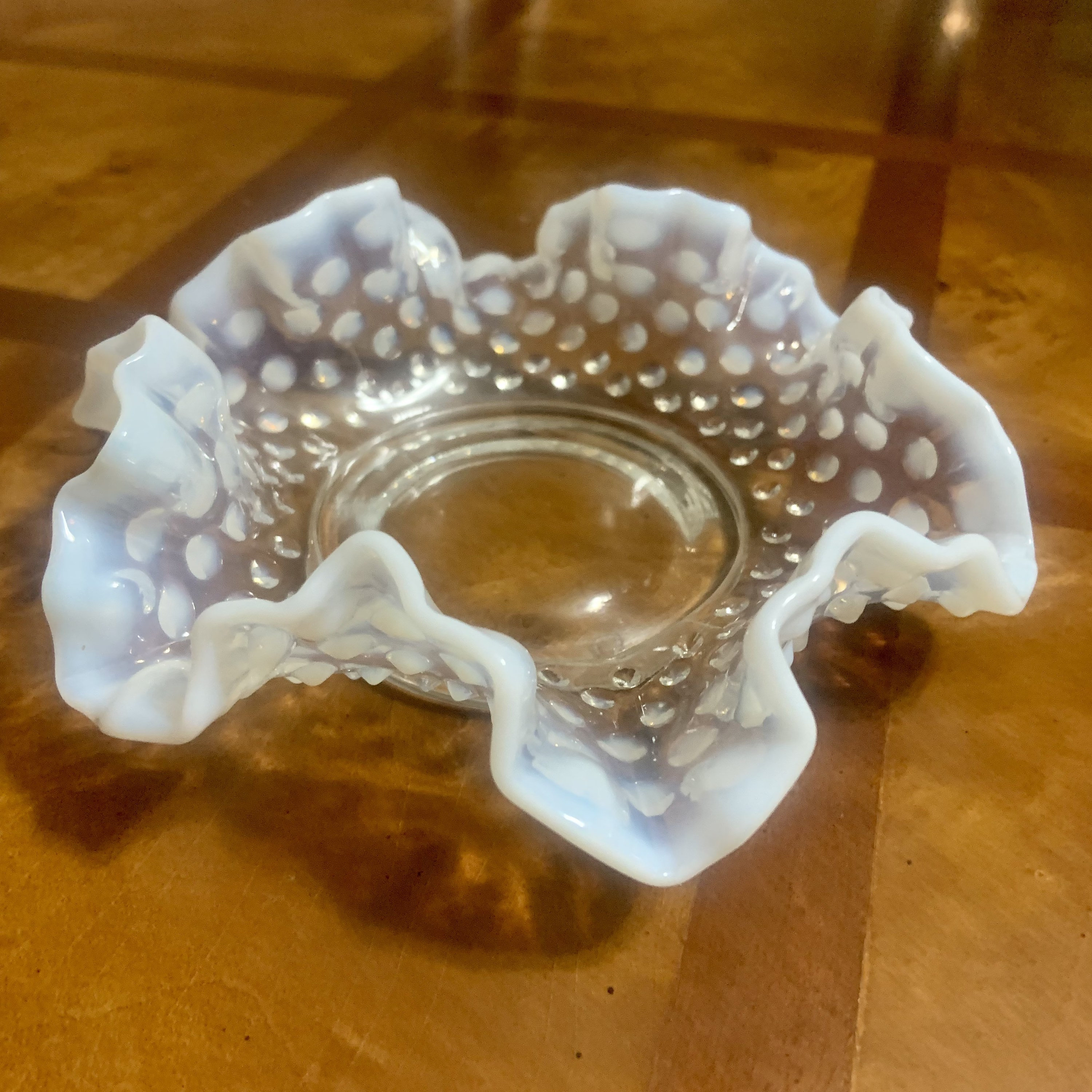 Vintage 1940’s Fenton Blue Opalescent Vaseline Hobnail Ruffled Crimped ...