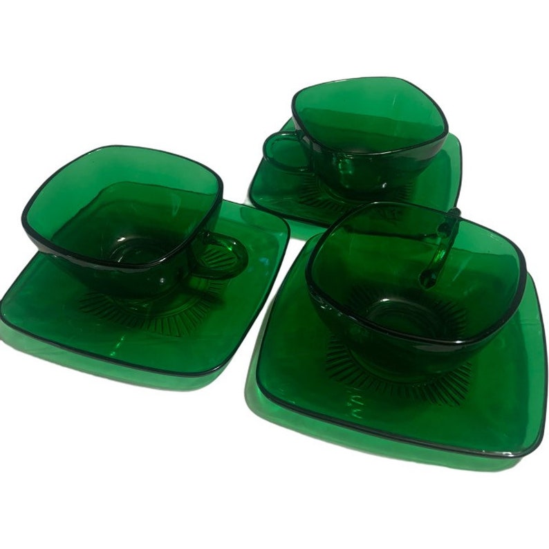 Vintage 60s Anchor Hocking Forest Green Glass Square Cups & - Etsy
