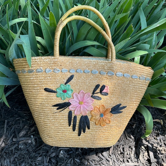 Vintage Rattan Straw Wicker Lined Raffia Flowers Bag … - Gem