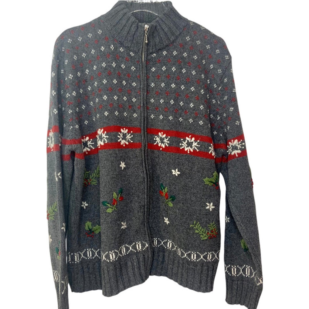 Vintage Northcrest 90s Fair Isle Christmas Winter Gray Snow & Holly Zip ...