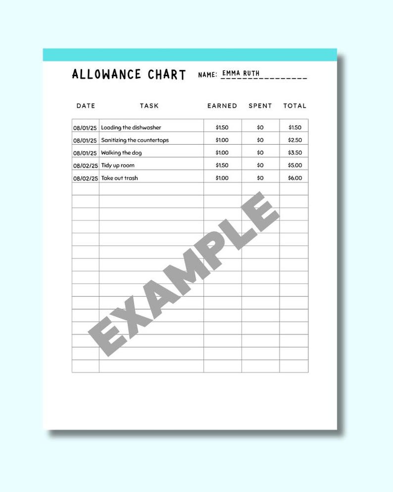 Printable Kids Allowance Chart: Money Management Tracker (digital ...