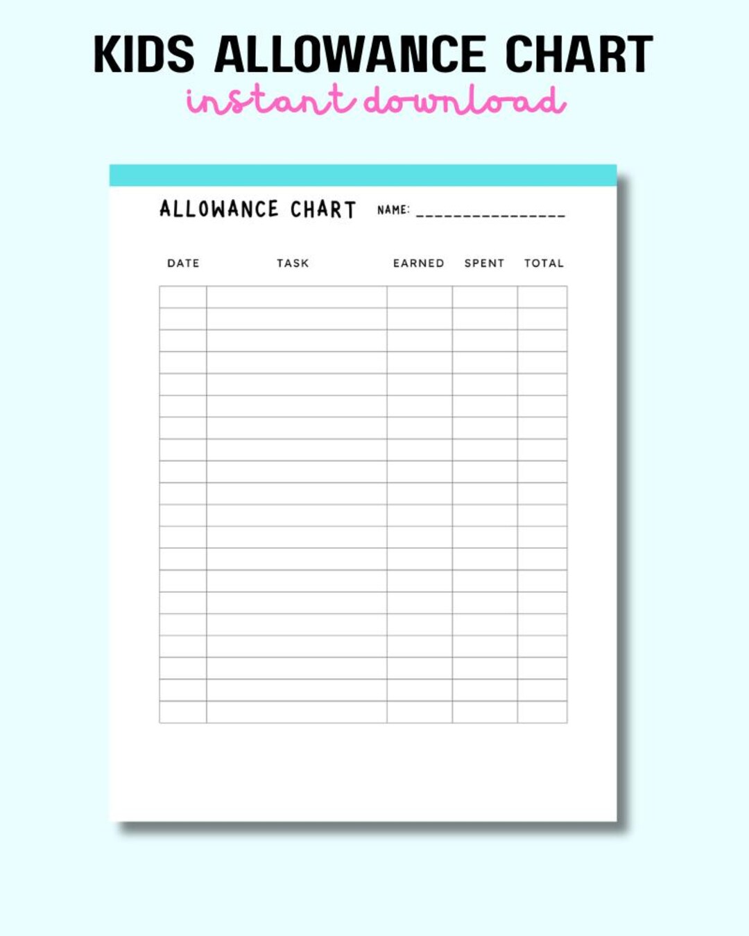 Printable Kids Allowance Chart | Allowance Tracker | Kids Savings ...