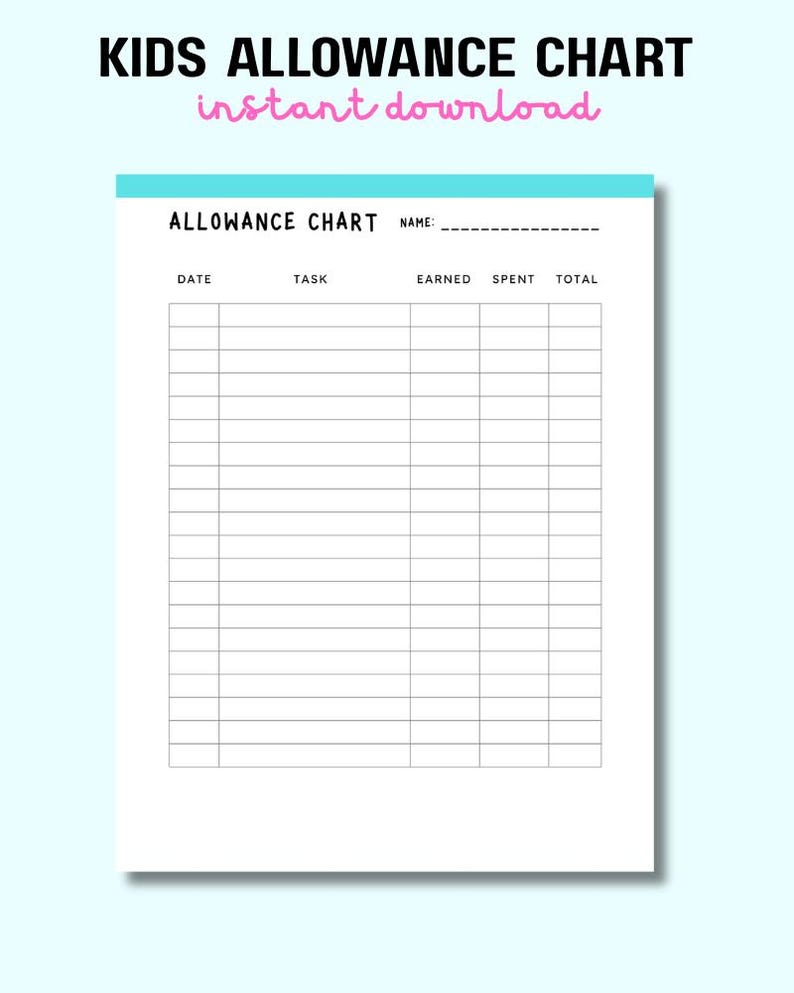 Printable Kids Allowance Chart: Money Management Tracker (digital ...