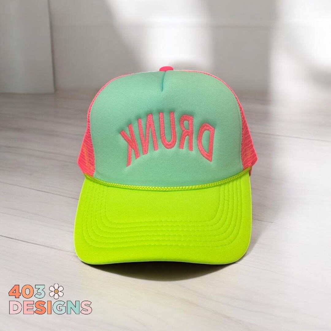 Neon 'drunk' Backwards Embroidered Trucker Hat - Party Snapback - Etsy