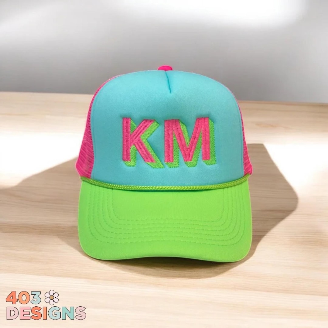 Custom Neon Trucker Hat | Shadow Block Initials Hat | Personalized Mesh ...