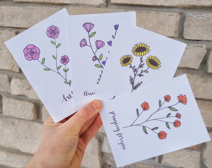 Hand Lettered Floral Note Card Set, Wildflower Greeting Cards, Cute ...