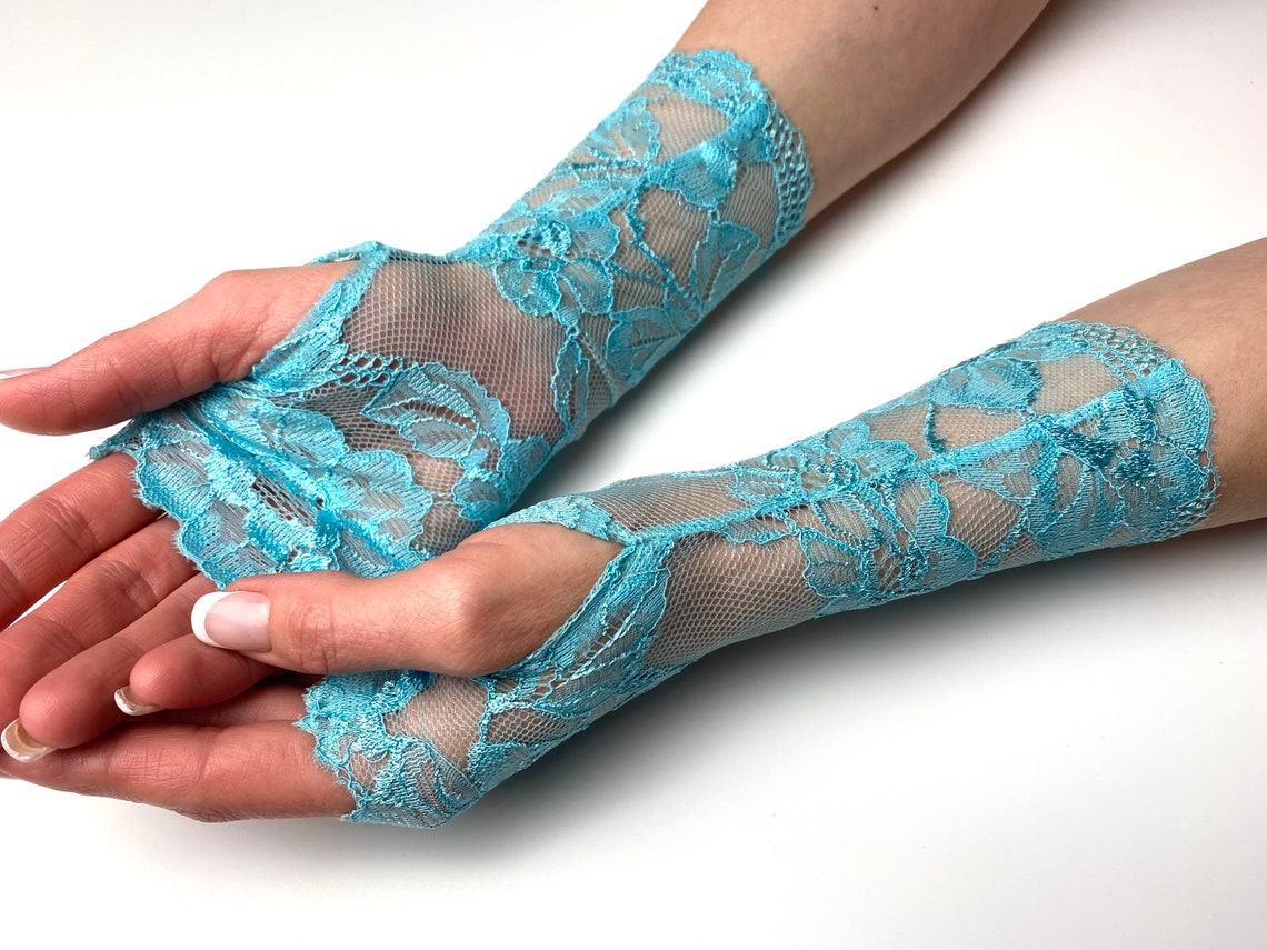 Light blue lace gloves 8.7 22 cm Stretchy fingerless | Etsy