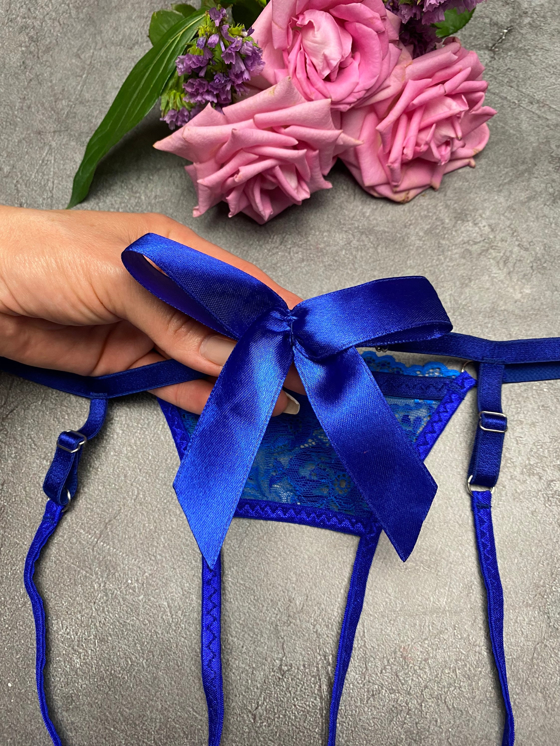 Royal Blue Crotchless Panties With Bow Open Back Lace Panty Etsy