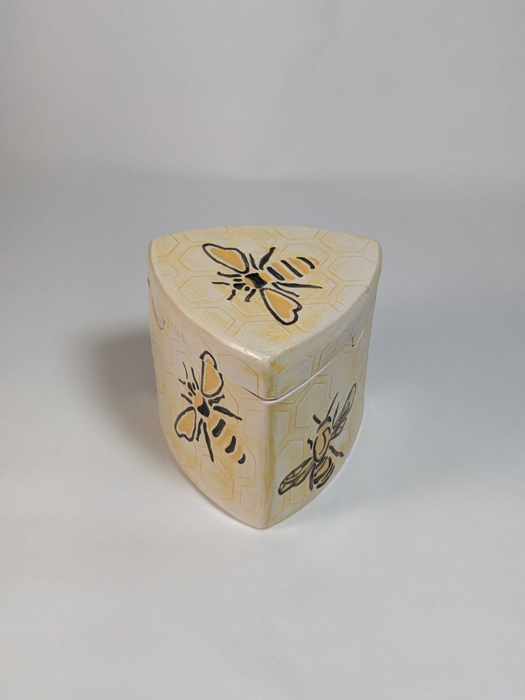 Ceramic Honey Bee Triangular Box, Pottery Lidded Box Honeycomb and Bees ...