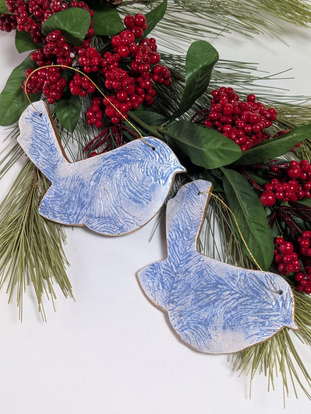 Christmas Tree Ornament, Ceramic Blue White Gold Bird Feather and Lace ...