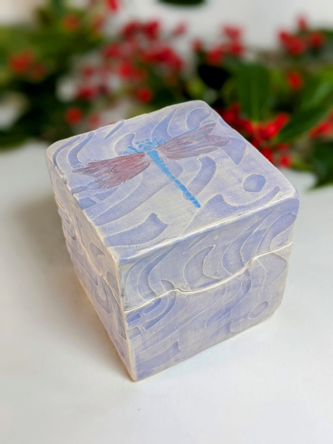 Ceramic Blue Violet Dragonfly Box, Square Container Dragonfly Motif ...