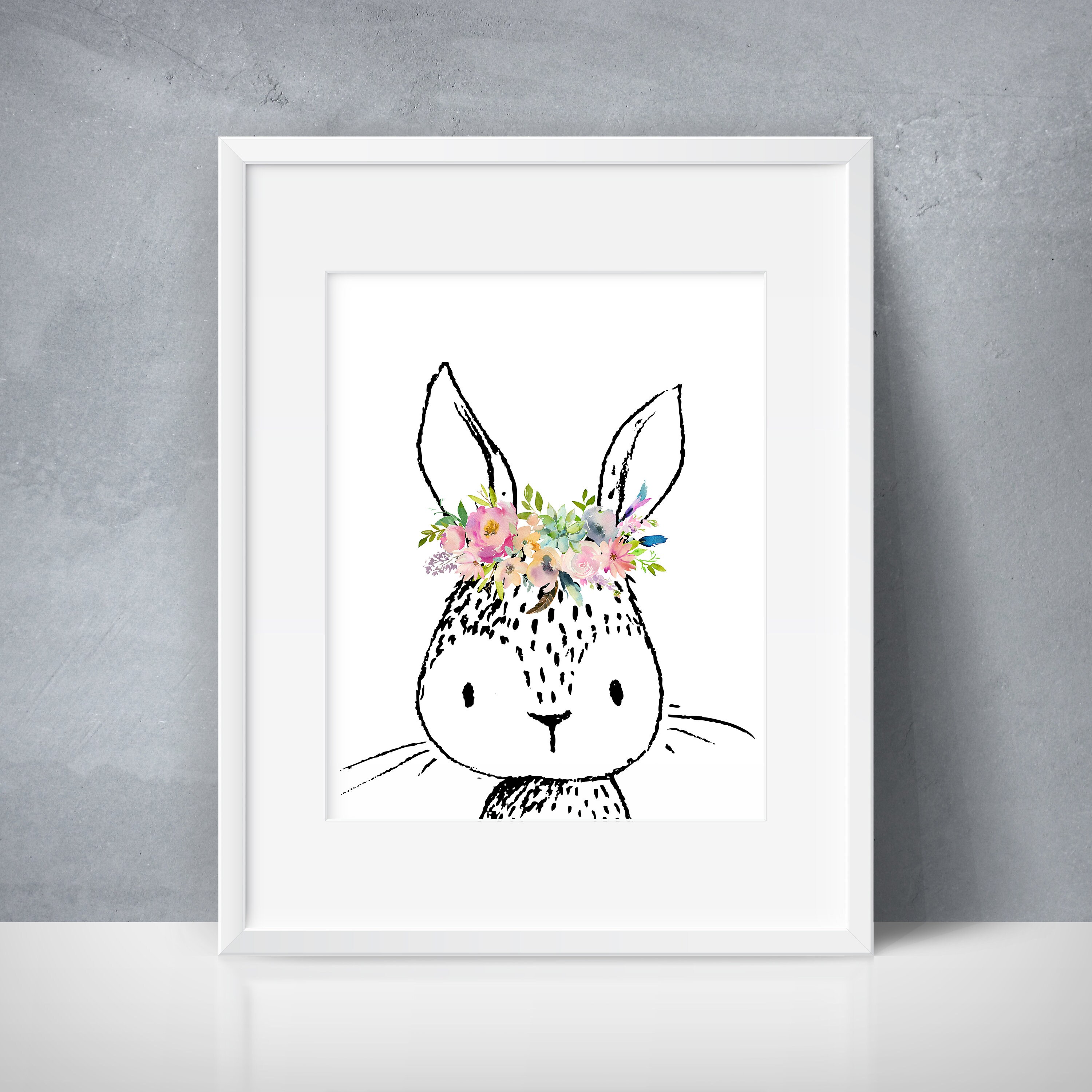 Flower Girl Bunny Wall Art, Black & White Kids Room, Woodland Animal ...