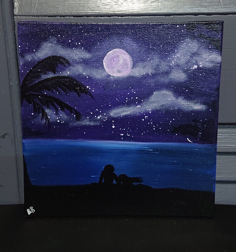 Night at the Beach Seascape Tropical Oil Acrylic Painting Mixed Media ...