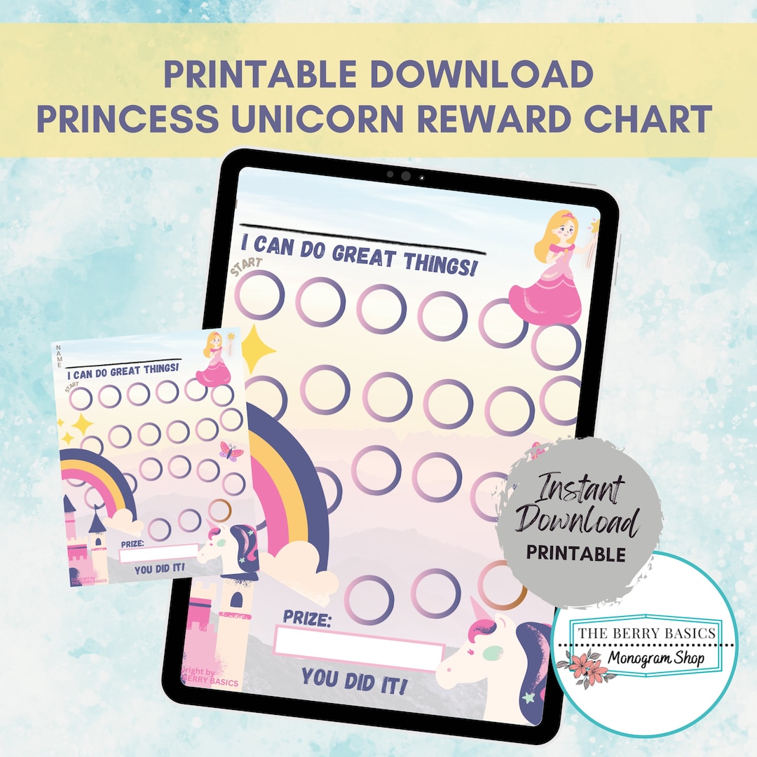 Princess Reward Chart Printable - Unicorn Kids Behavior Chart | Instant ...