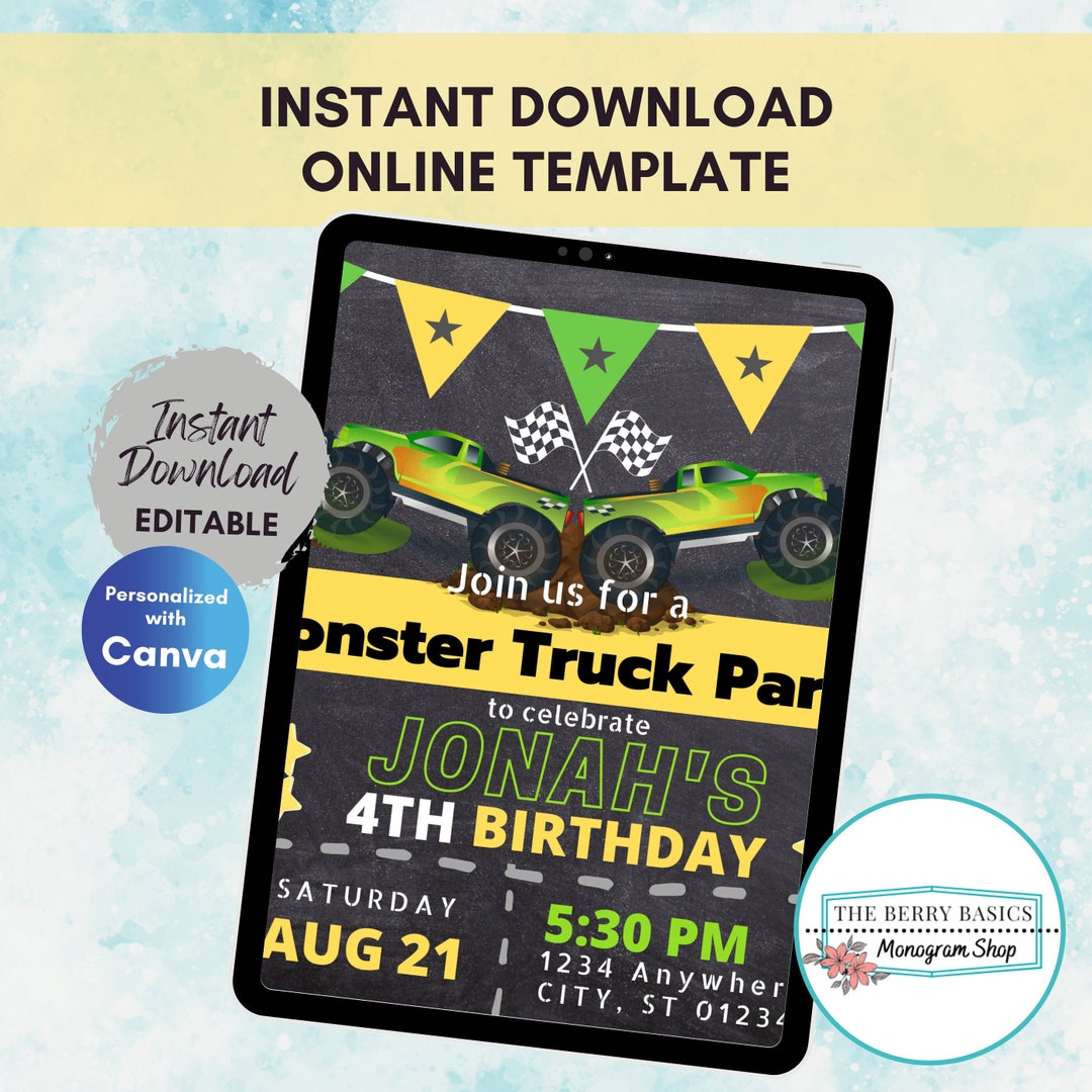 Editable Monster Truck Birthday Party Invitation Template - Monster ...