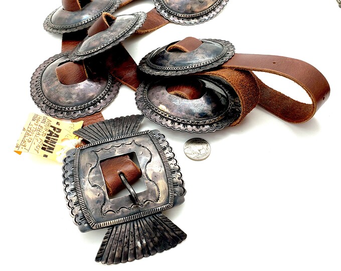 First Phase Concho Belt Silver Leather Hand Tooled Hand Made Navajo ...