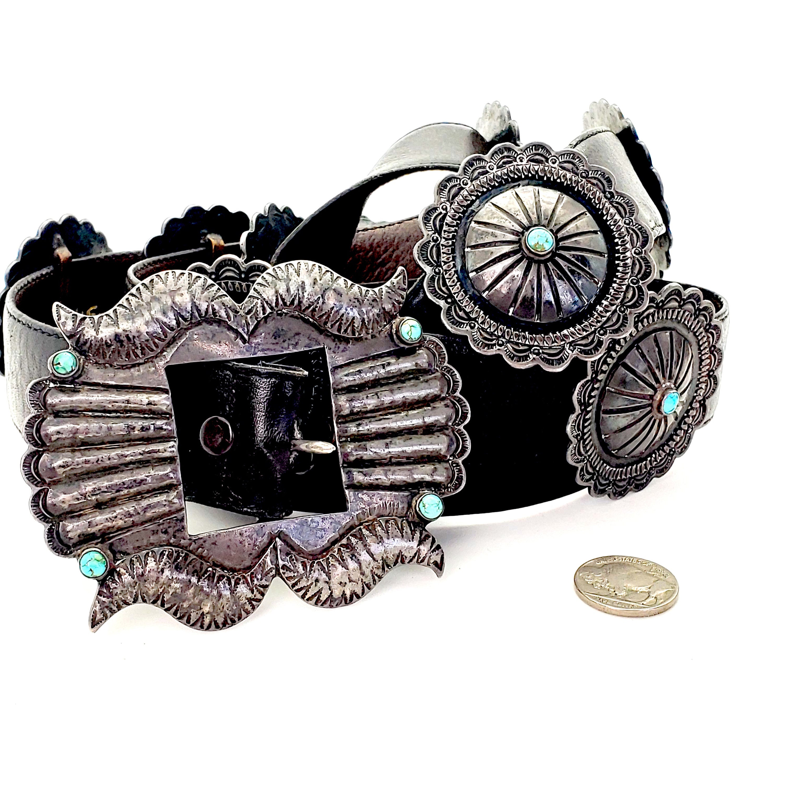 Great Concho Belt Hand Chased Hand Stamped Silver Turquoise Navajo ...