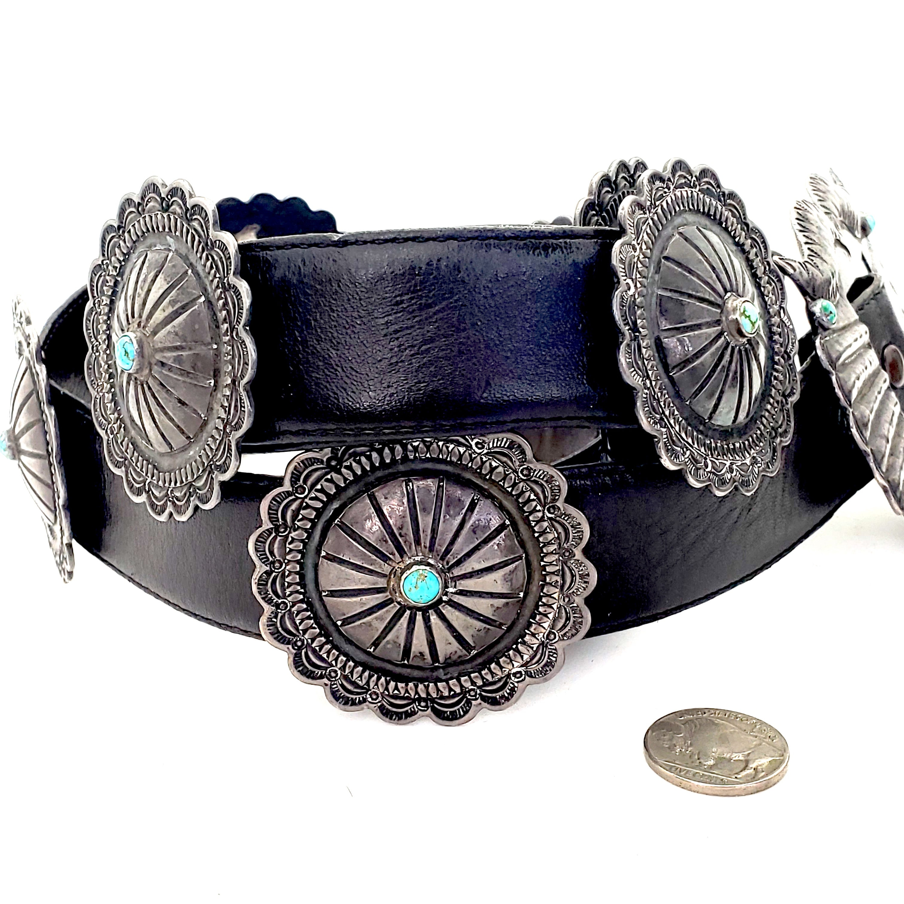 Great Concho Belt Hand Chased Hand Stamped Silver Turquoise Navajo ...