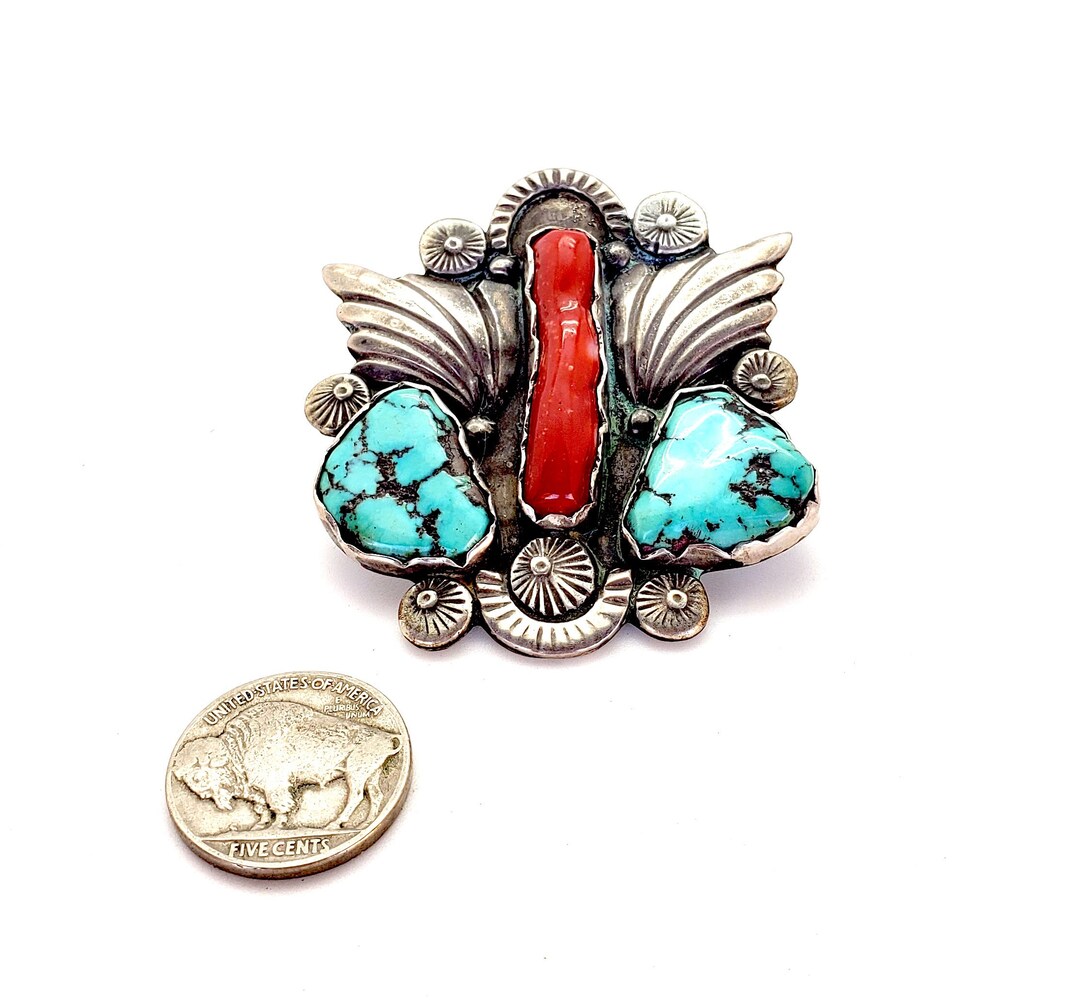 1940s Dan Simplicio Coral Turquoise Silver Pin Brooch Zuni Native ...