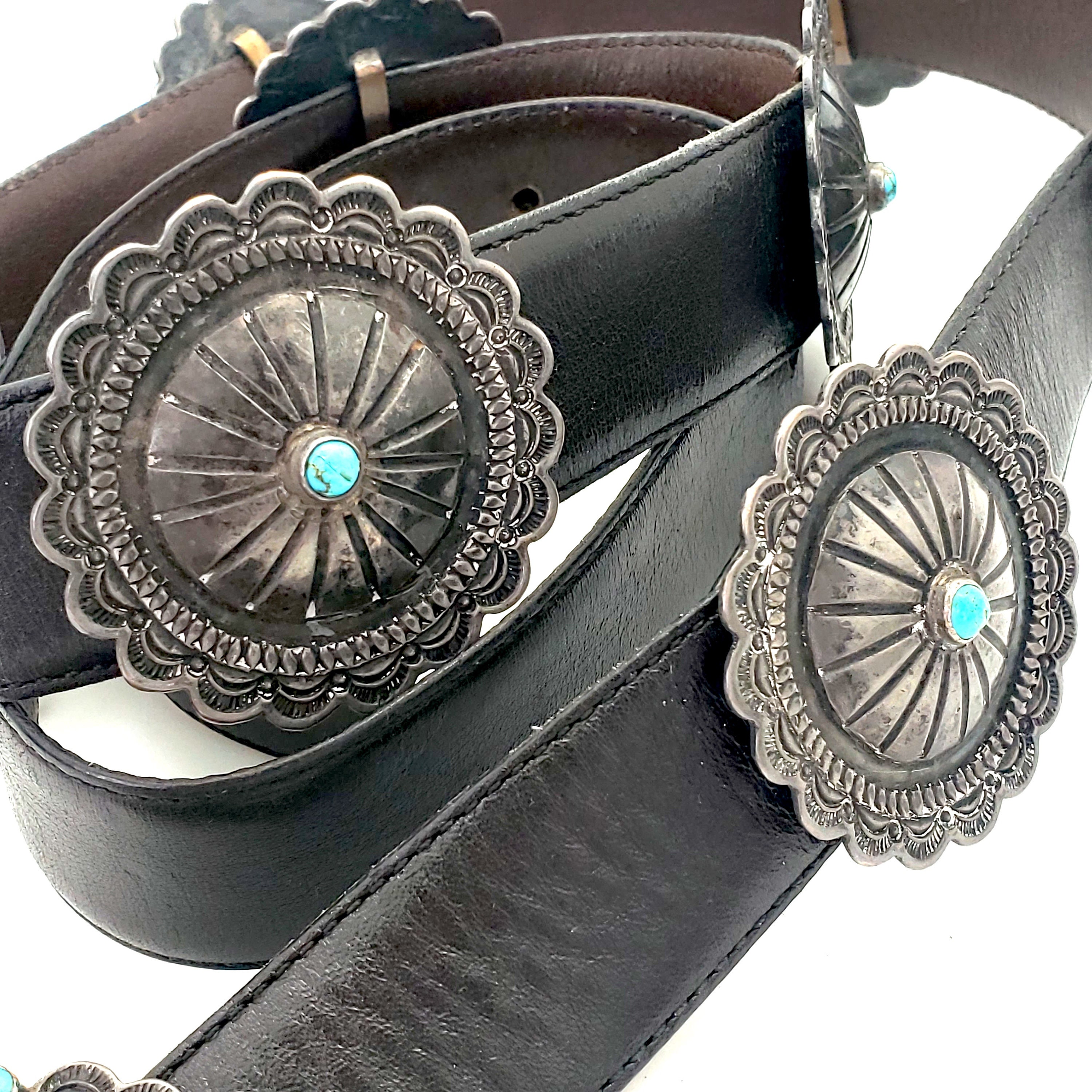 Great Concho Belt Hand Chased Hand Stamped Silver Turquoise Navajo ...