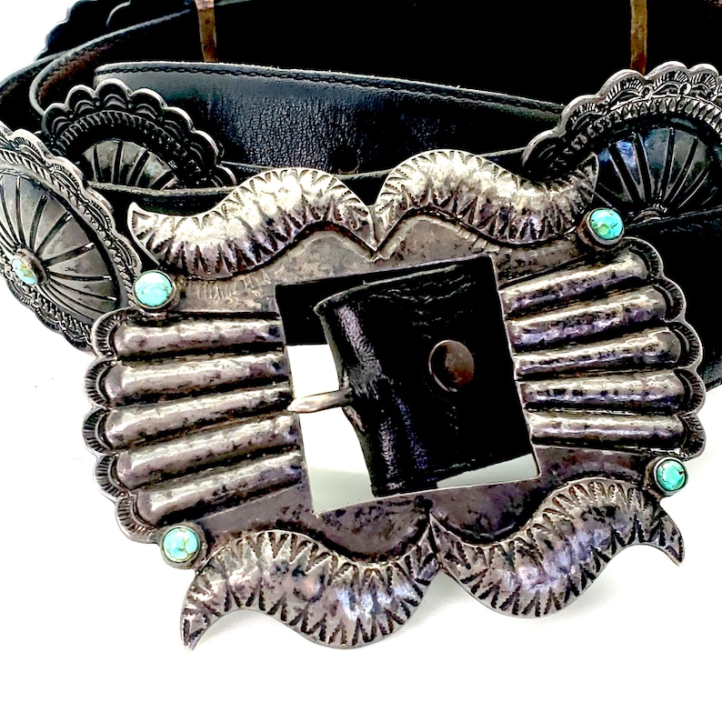 Great Concho Belt Hand Chased Hand Stamped Silver Turquoise Navajo ...