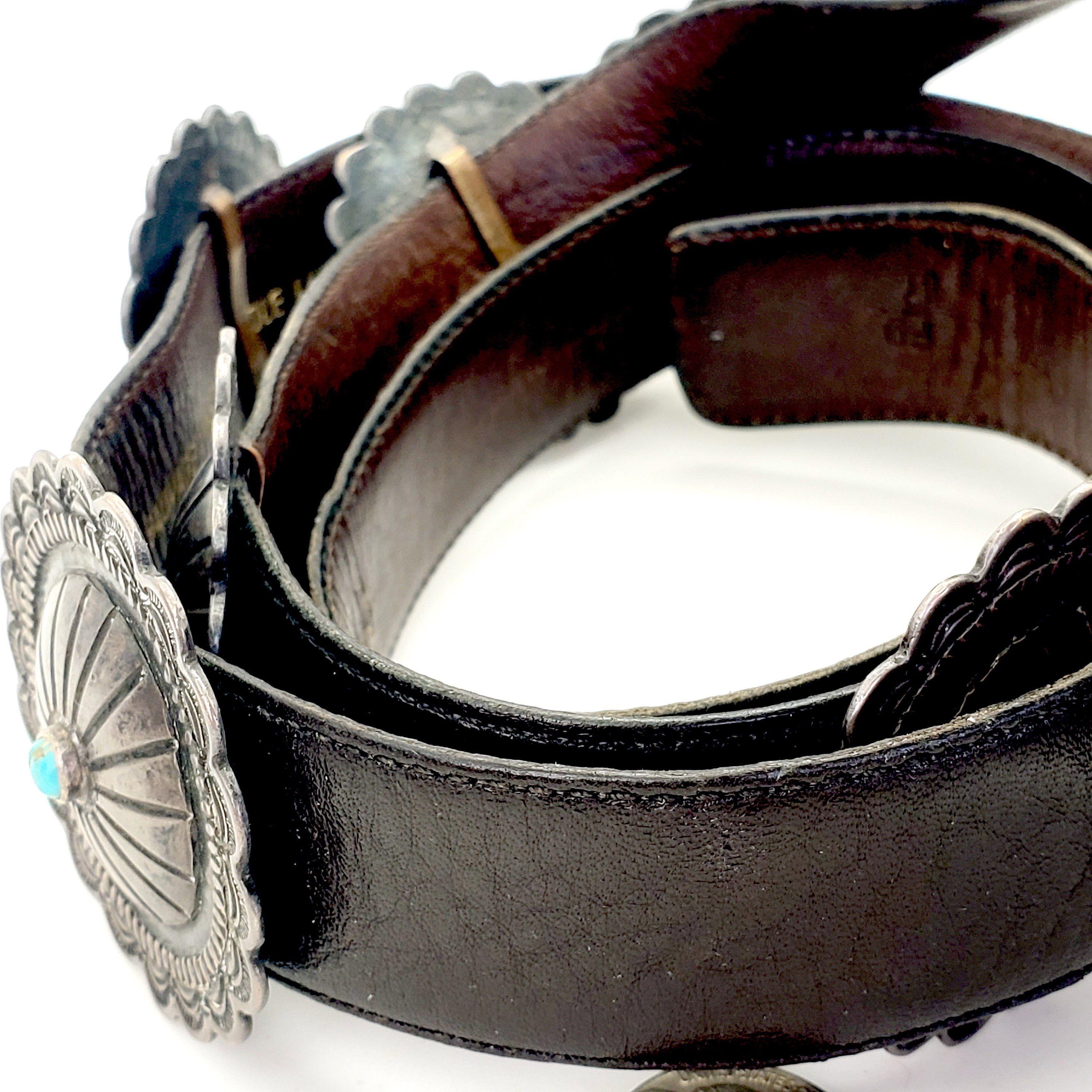 Great Concho Belt Hand Chased Hand Stamped Silver Turquoise Navajo ...