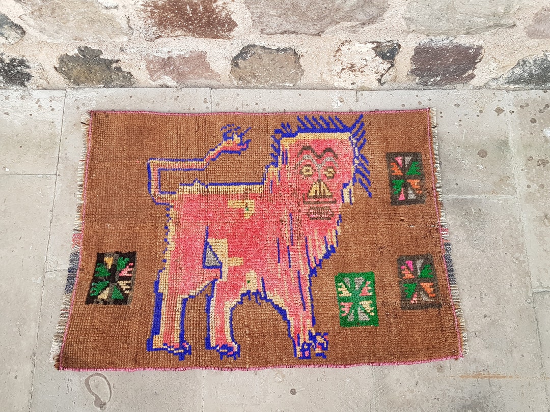 2x3 Lion Patterns Rug Turkish Rug , Handmade Bath Rug Woven Rug 69 X 51 ...
