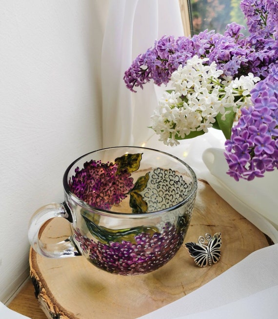 Lilac Flowers Hand Painted Big Glass Mug Tea Lovers Gift | Etsy