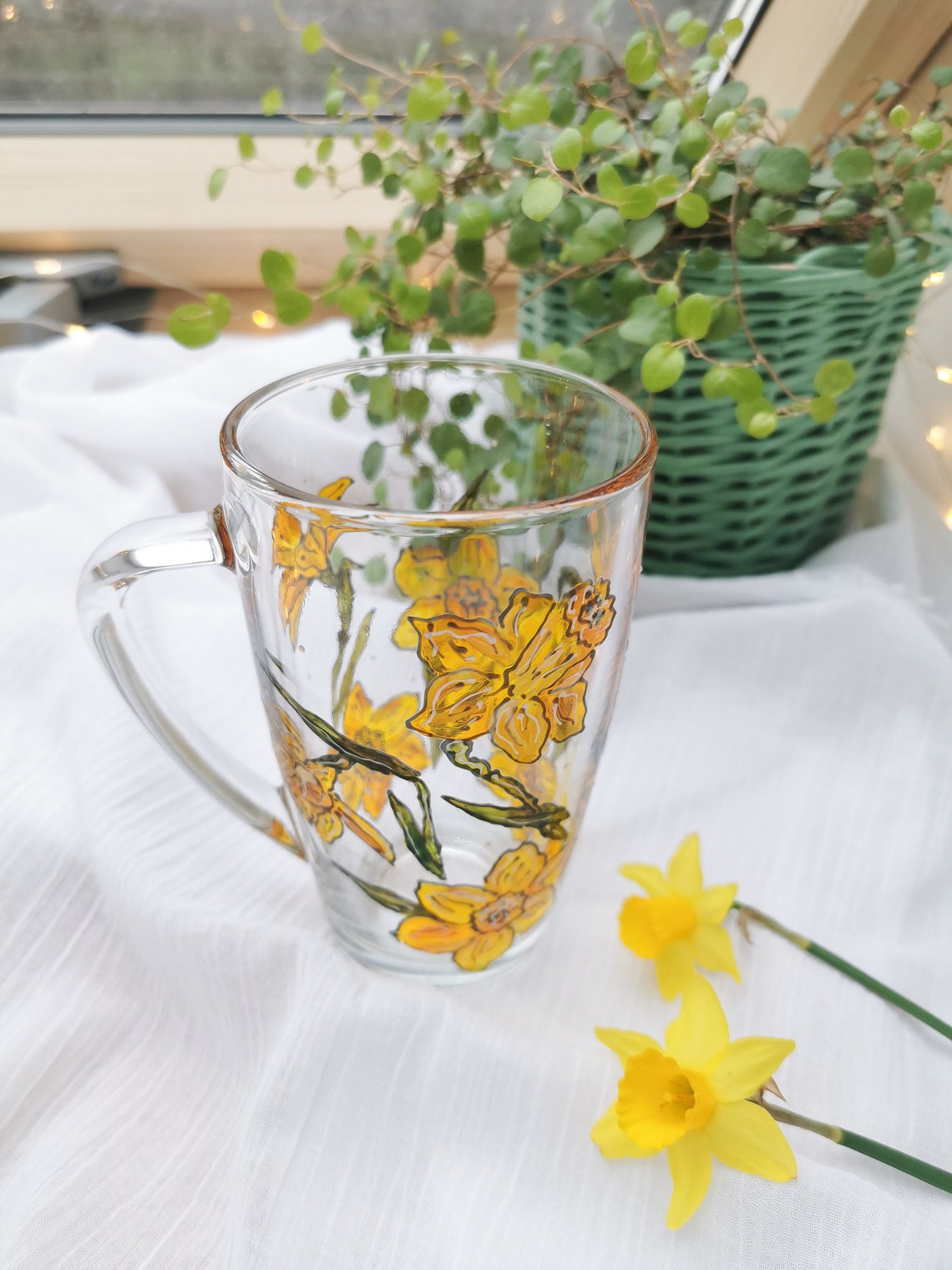 Hand Painted Daffodils Big Glass Mug Daffodils Cup Tea Coffee | Etsy