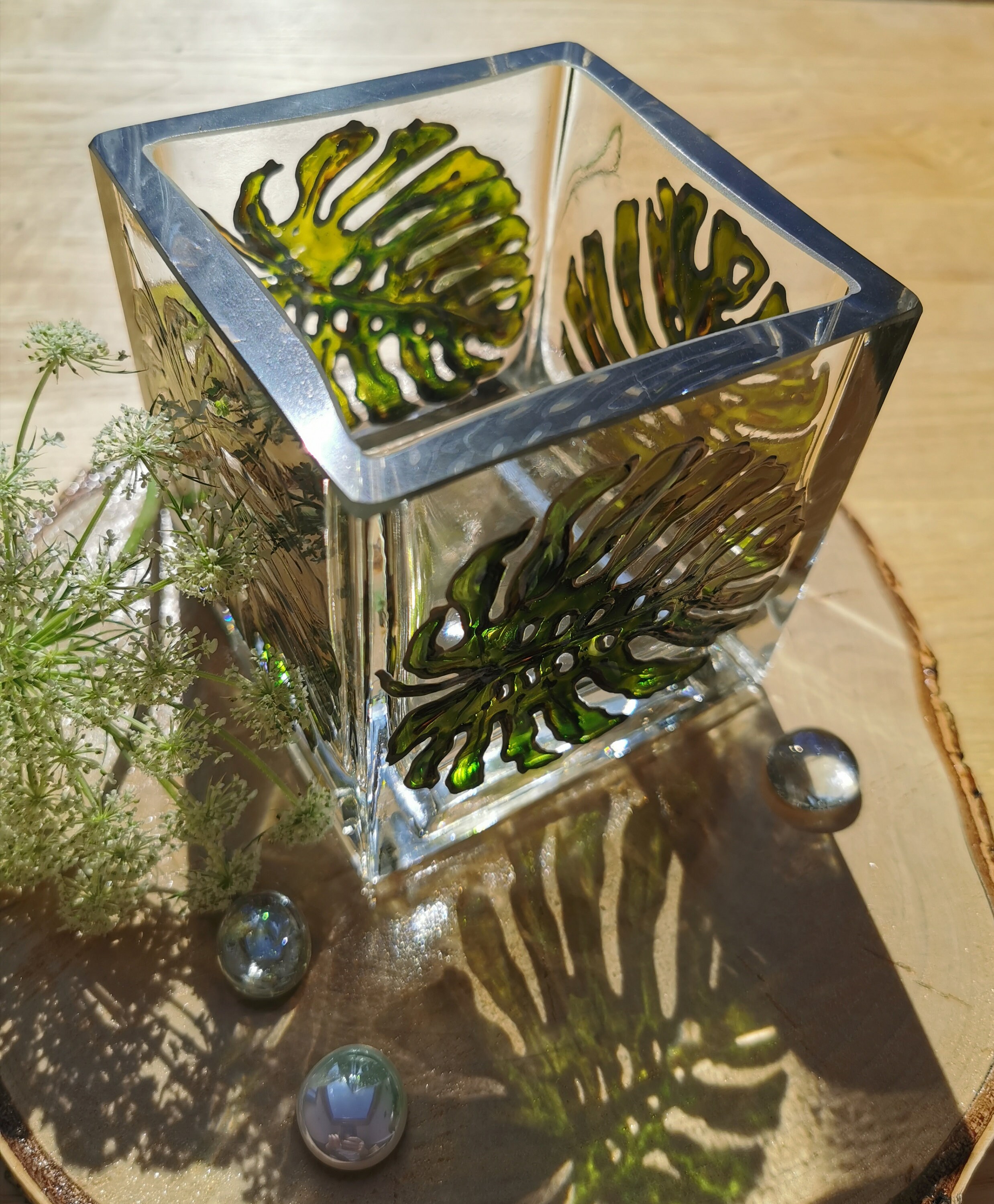 Hand Painted Green Monstera Leaves Glass Vase Flower Pot | Etsy