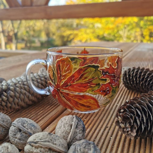 Glass Tea Mug Big Mug Autumn Leaves Maple Leaves Hand Painted - Etsy