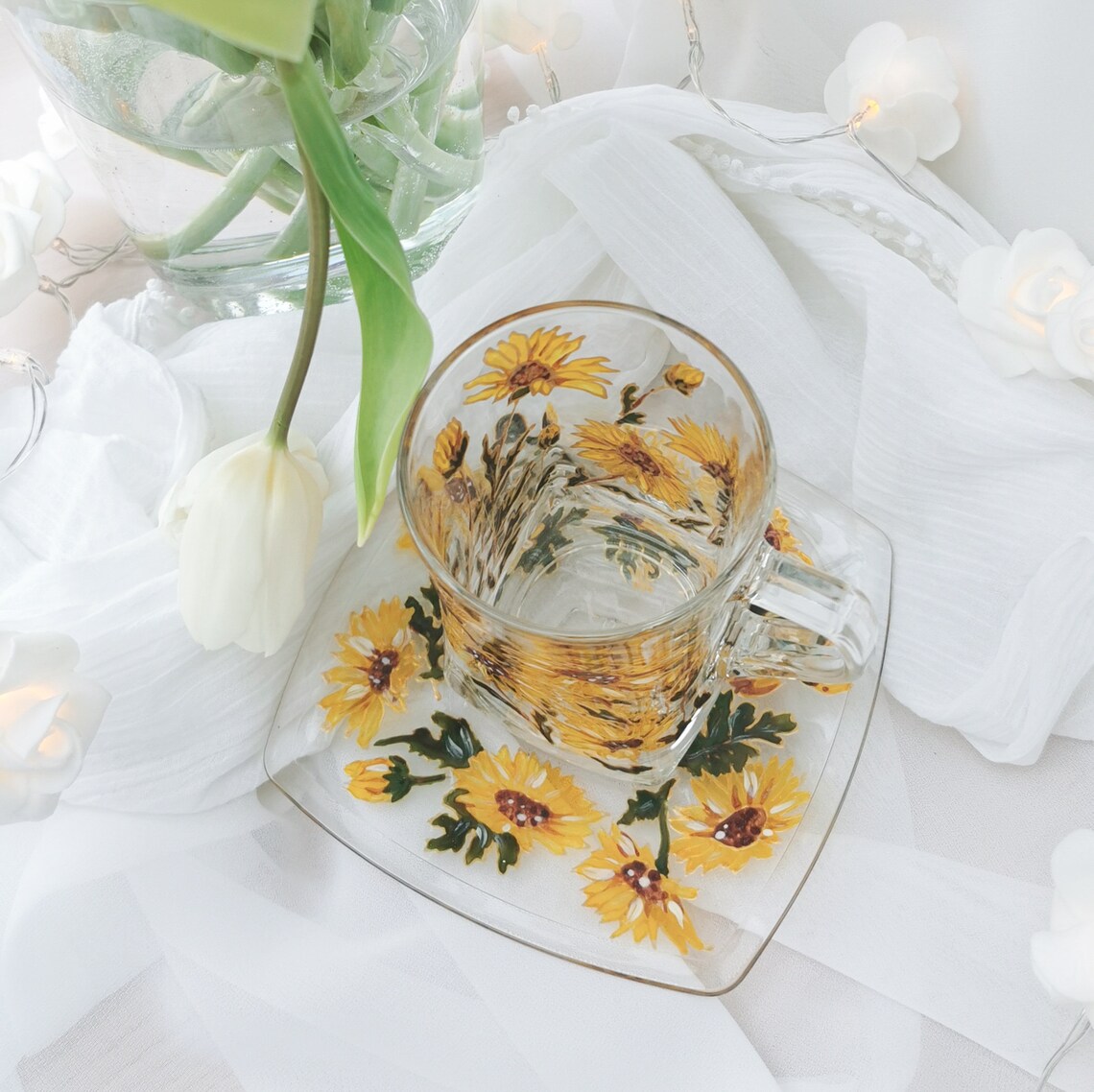 Hand Painted Yellow Daisies Flowers Glass Mug Tea Coffee Set | Etsy