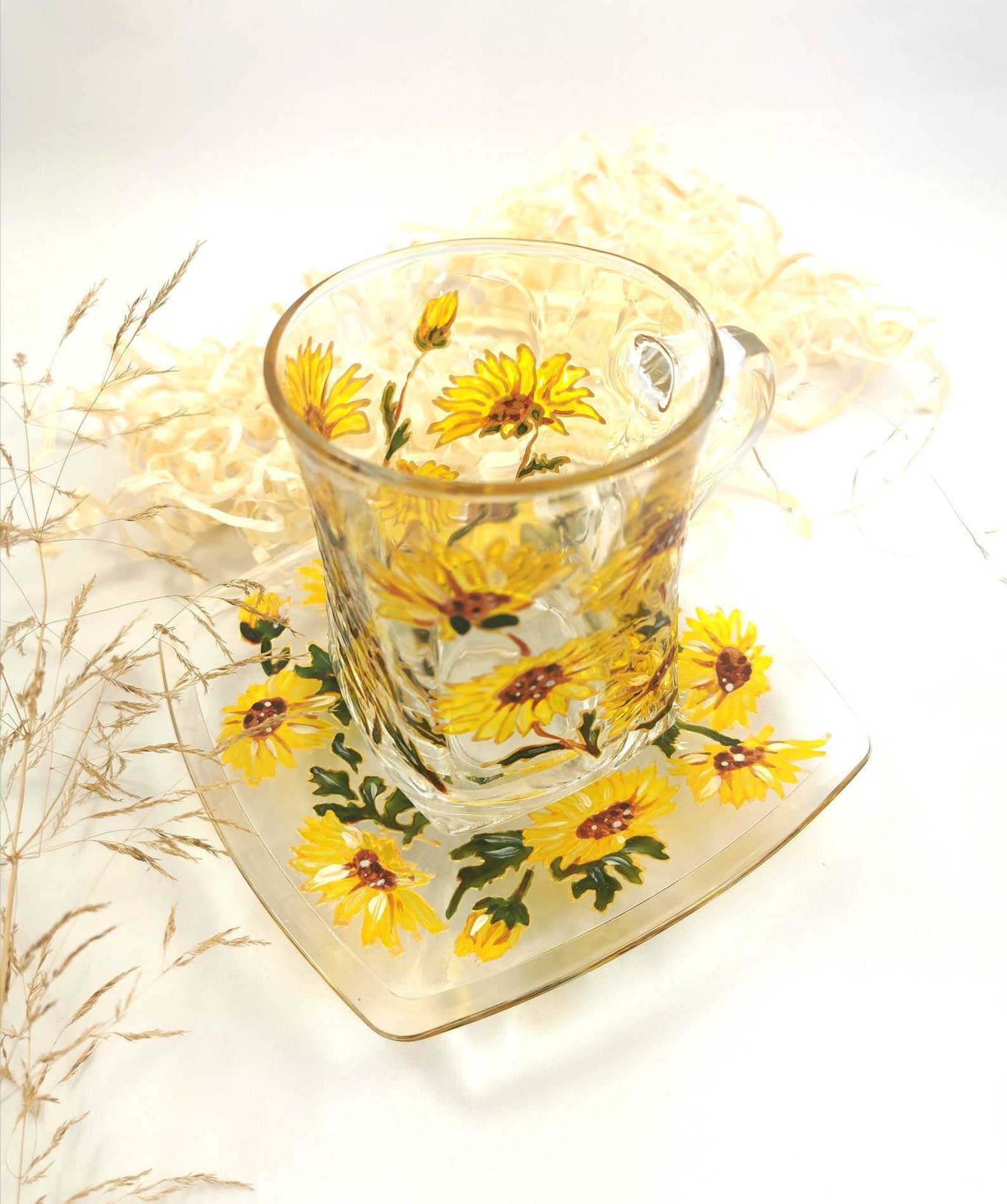 Hand Painted Yellow Daisies Flowers Glass Mug Tea Coffee Set | Etsy