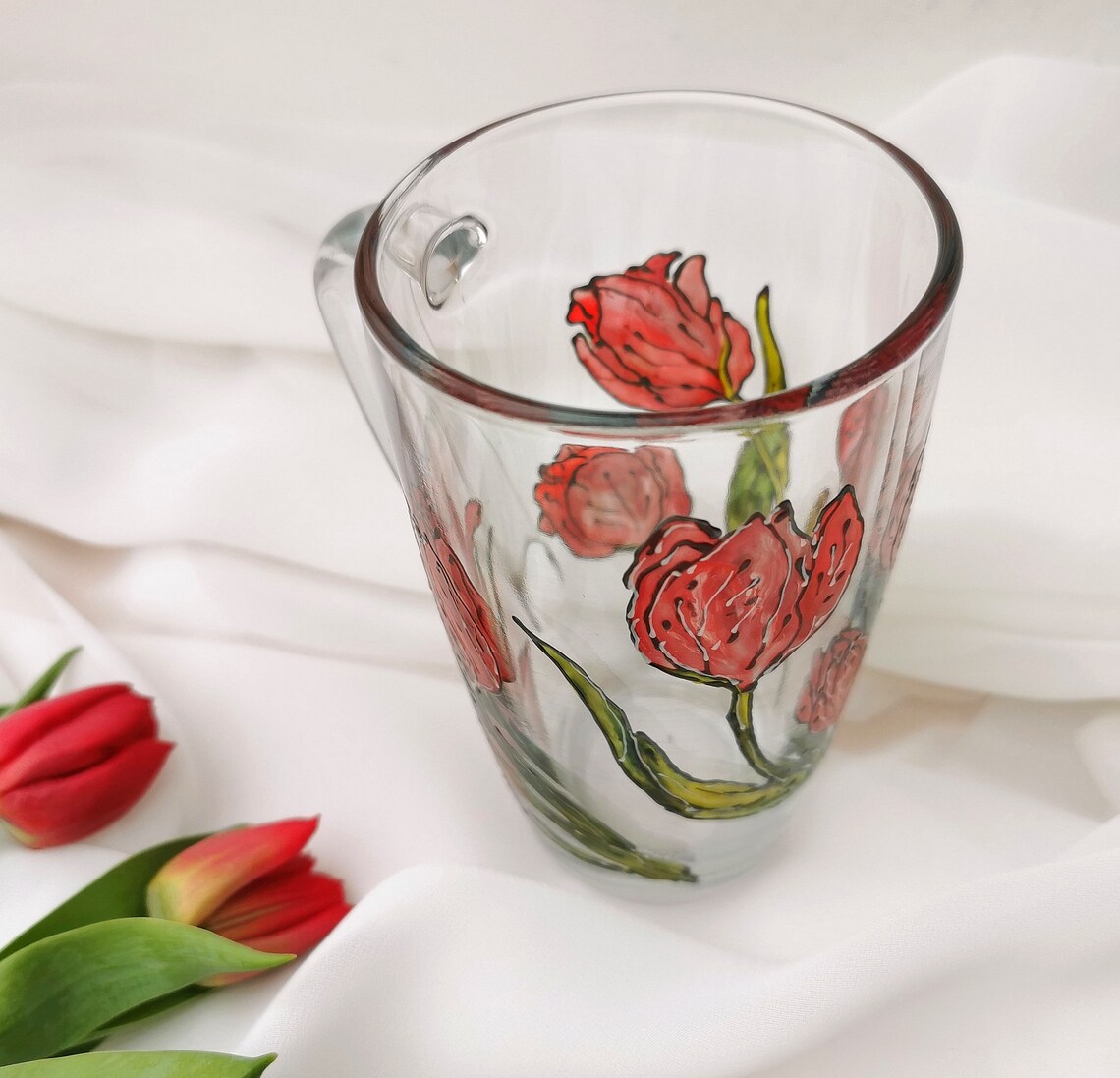 Hand Painted Red Tulips Big Glass Mug Office Cup Tea Coffee - Etsy