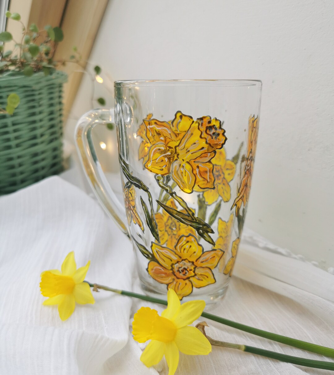 Hand Painted Daffodils Big Glass Mug Daffodils Cup Tea Coffee Lovers ...