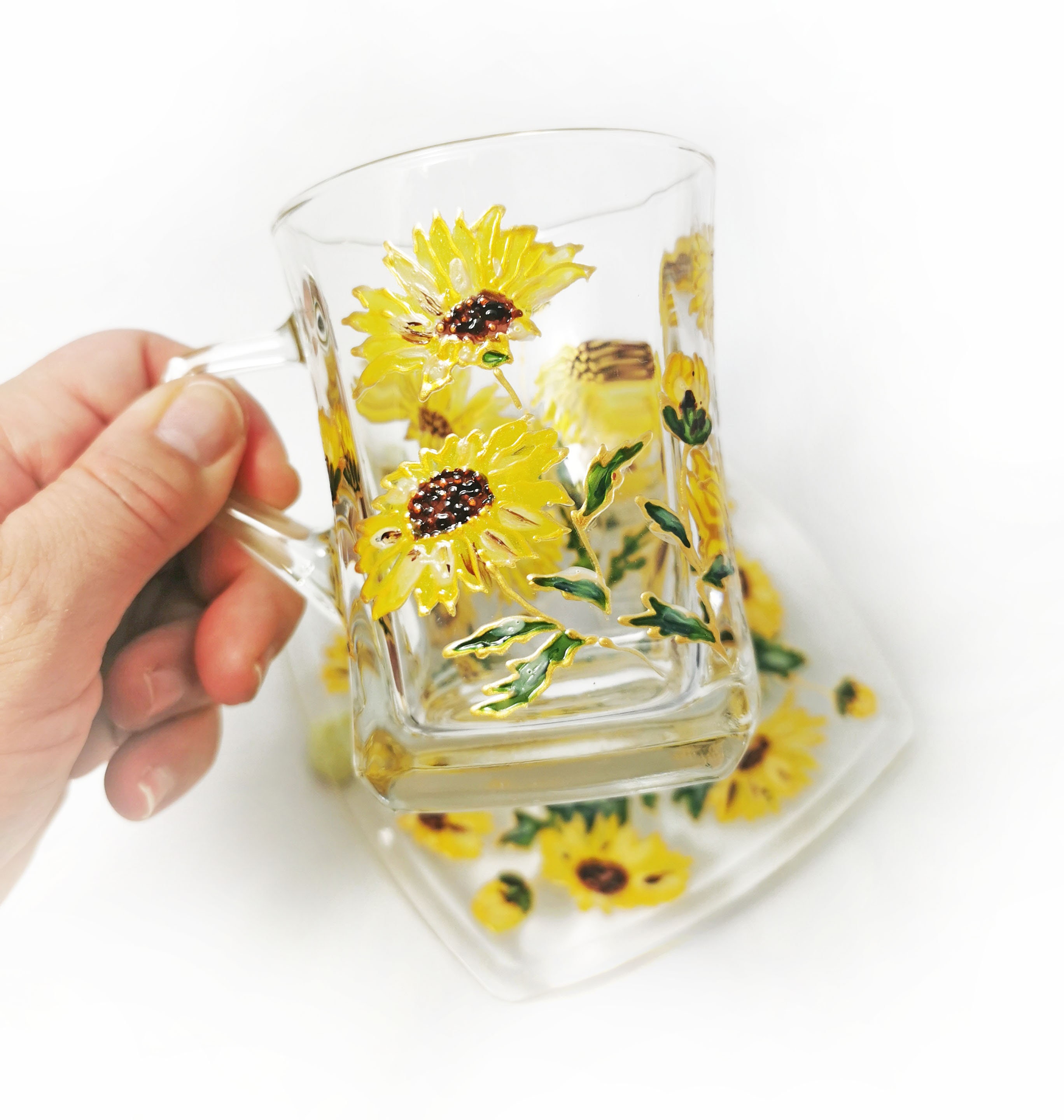 Hand Painted Yellow Daisies Flowers Glass Mug Tea Coffee Set | Etsy