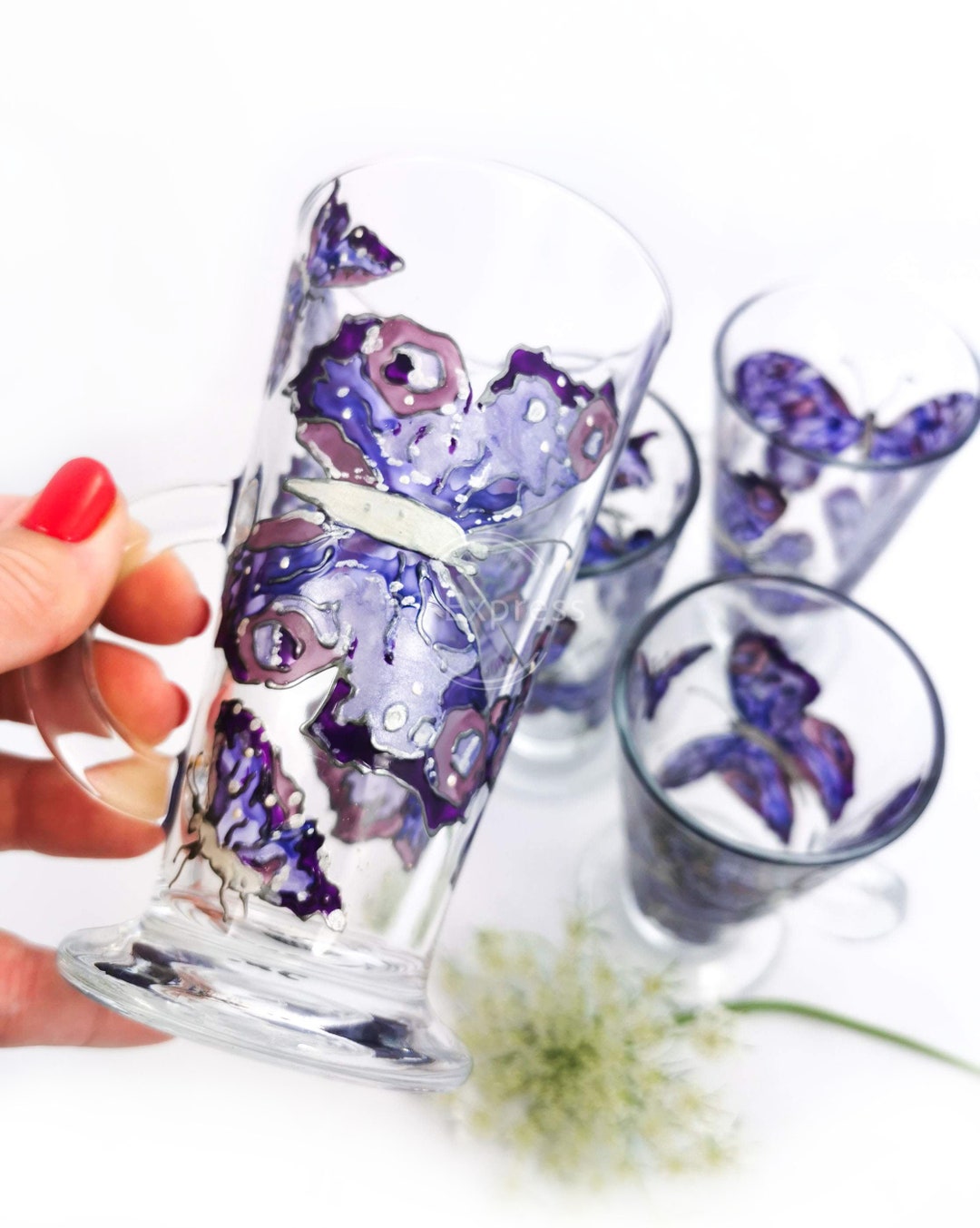 Hand Painted Purple Butterflies Big Glass Mug Coffee Mug Washable ...