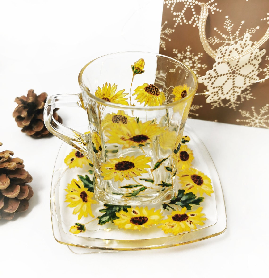 Hand Painted Yellow Daisies Flowers Glass Mug Tea Coffee Set | Etsy