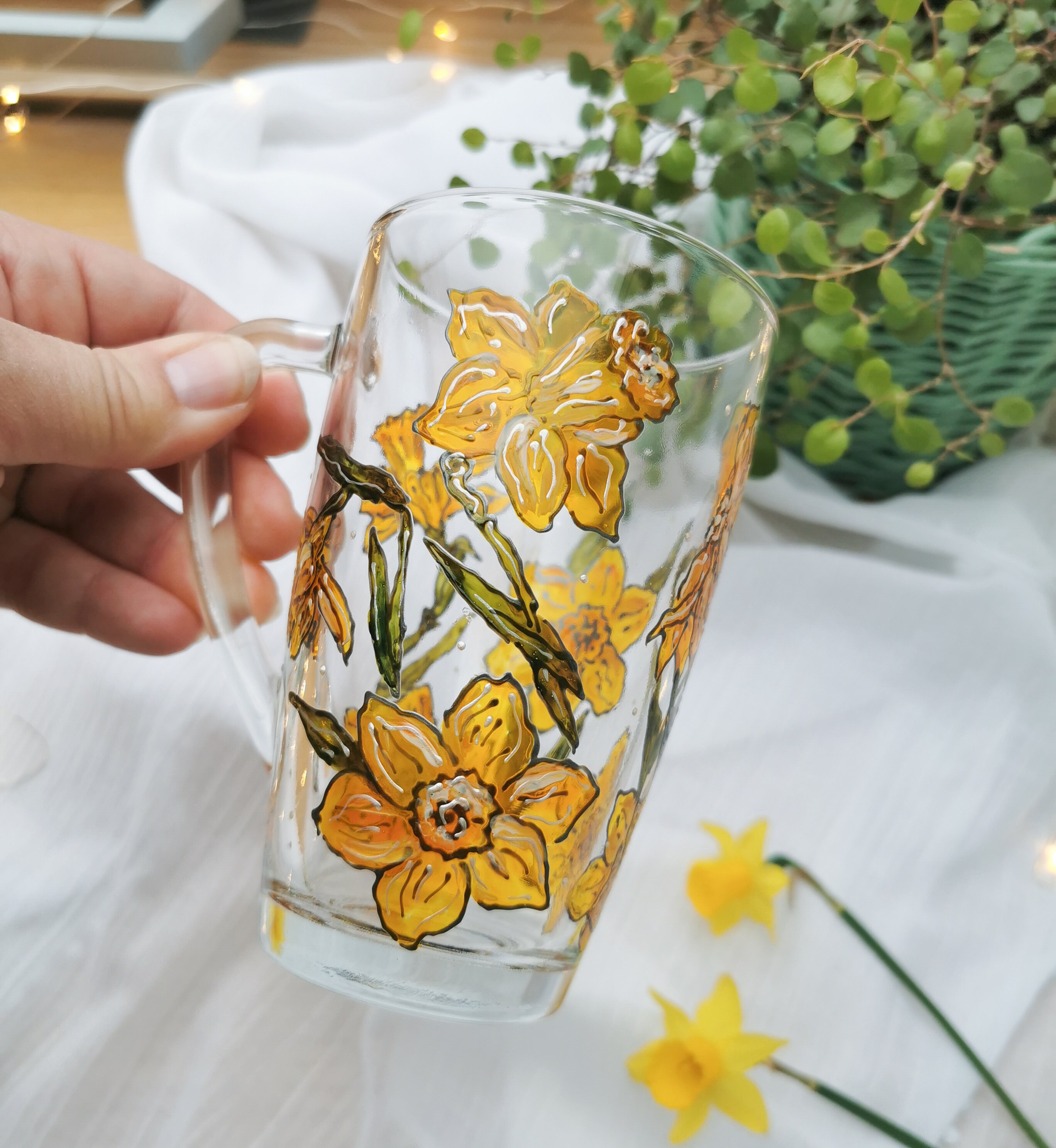 Hand Painted Daffodils Big Glass Mug Daffodils Cup Tea Coffee | Etsy