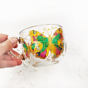 Hand Painted Rainbow Butterfly Big Glass Mug Butterfly Cup, Coffee Mug ...